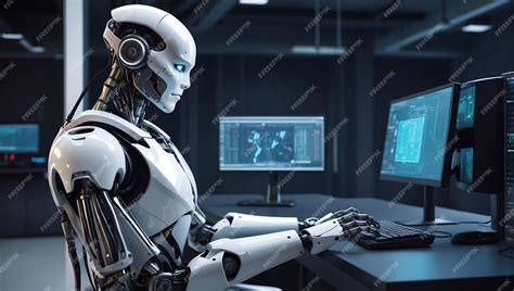 A Strong Artificial Intelligence Robot Sitting At A Desk With A