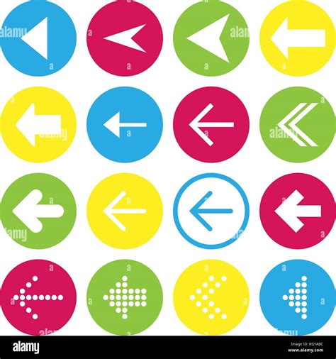 Set Of Left Arrow Icons Arrow Buttons On White Background In Crimson Blue Yellow And