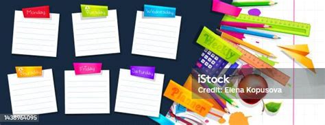 일일 계획의 개념 만화 스타일의 수업 일정 학교 과목 및 용품의 배경에 대한 수업 및 수업의 주간 일정 상기시켜 주는 것에 대한