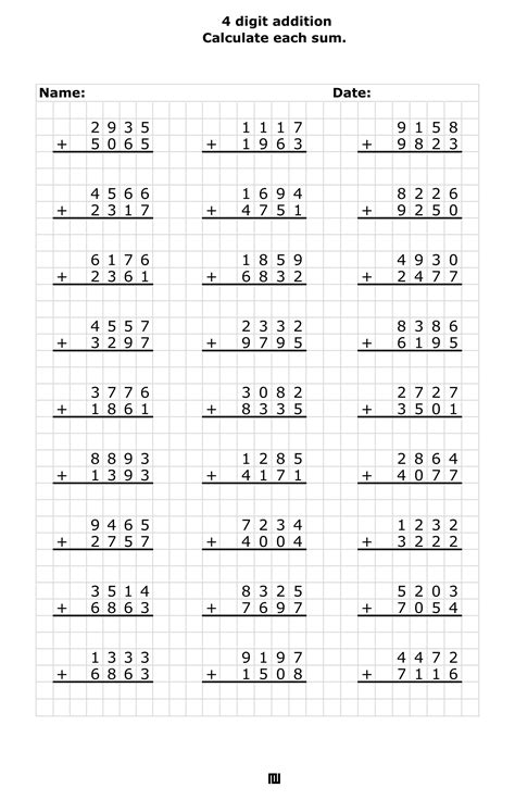 Addition Worksheets Adding 4 Digit Numbers In Columns Addition 4