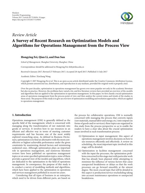Pdf A Survey Of Recent Research On Optimization Models And Algorithms