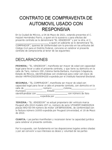 Contrato De Compraventa De Automovil Usado Con Responsiva Descargar