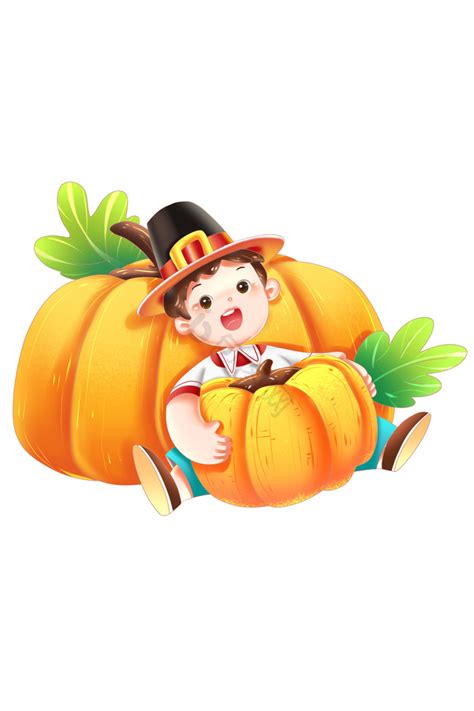 男孩感恩节抱南瓜png下载 包图网