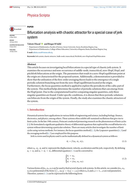Bifurcation Analysis With Chaotic Attractor For A Special Case Of Jerk System Request Pdf
