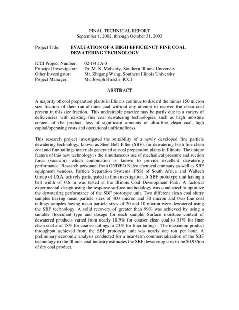 Pdf Title Evaluation Of A High Efficiency Fine Coal Dewatering Technology