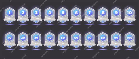 게임 Ui 디자인을 위한 레벨 번호와 경험치가 있는 미래형 배지 배경에 고립 된 공상 과학 스타일의 순위와 Xp와 파란색 레이블의 벡터 만화 아이콘 무료 벡터