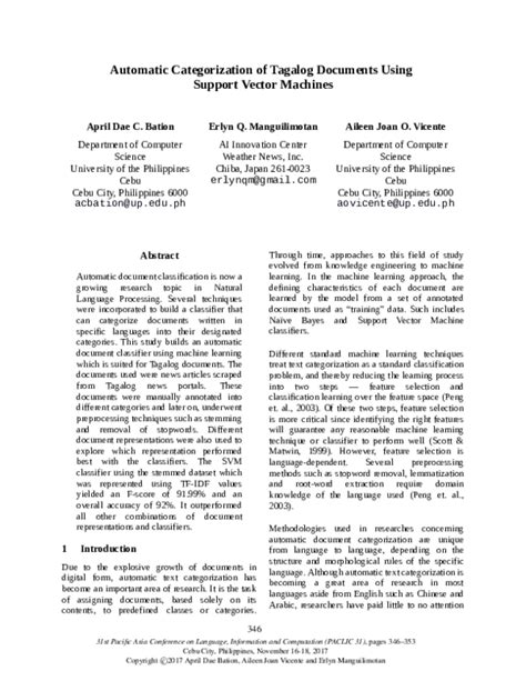 Pdf Automatic Categorization Of Tagalog Documents Using Support Vector Machines