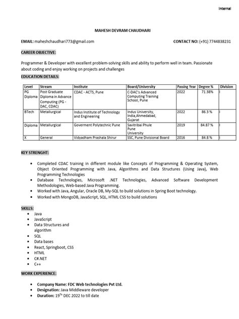 Mahesh Resume Pdf Java Programming Language Databases