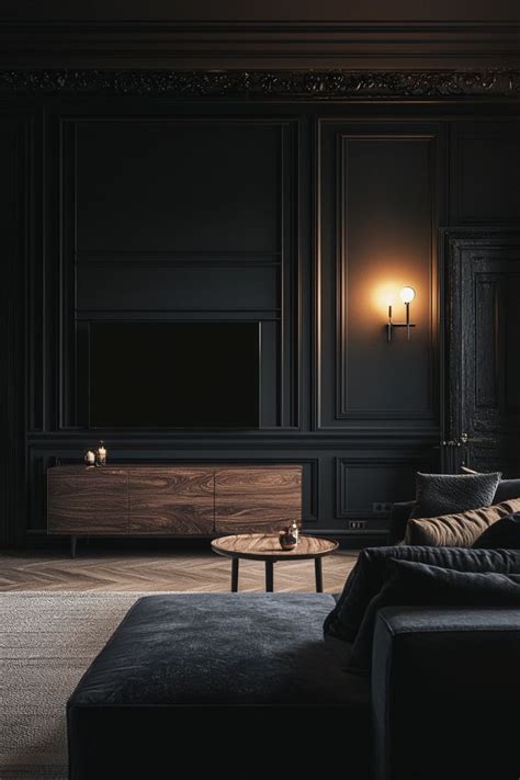 Elegant Dark Living Room Design With Walnut Accents And Warm Lighting