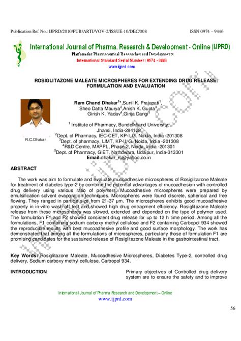 Pdf Rosiglitazone Maleate Microspheres For Extending Drug Release Formulation And Evaluation