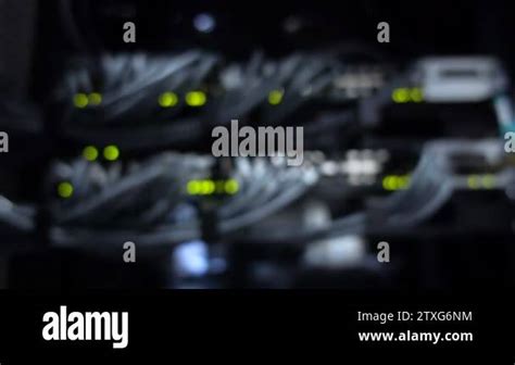 Ethernet Network Connection Hub Blinking Lights In A Dark Server Room Close Up View Of