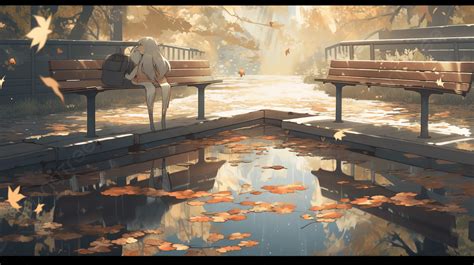 가을 배경 애니메이션 Hd 웅덩이 가을 테마 한가운데에 있는 공원 벤치에 갈색 단풍을 렌더링하는 3d 배경 고화질 사진 사진 가을 배경 일러스트 및 사진 무료 다운로드