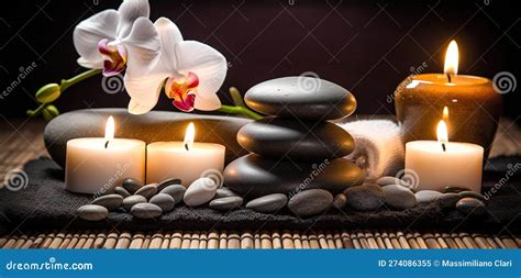 Spa Massage Basalt Stones With Candles Lotus Flowers Orchid Flower