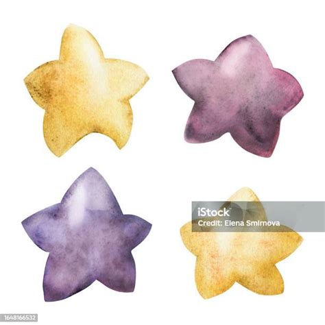 수채화 손으로 그린 그림 마법의 우주 우주 아이템 금색과 보라색 별 흰색 배경에 격리된 단일 개체 집합입니다 아이 아이 침실 직물 리넨 인쇄 카드 0명에 대한 스톡 벡터