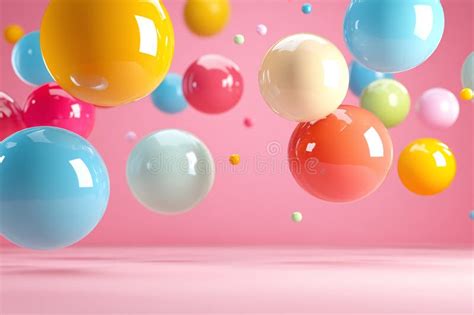 Vibrant Colorful Spheres Floating On Pink Background Creating Playful Bubble Effect Stock