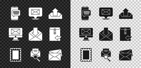 전화에서 채팅 메시지 알림 봉투가 있는 말풍선 받은 편지함 업로드 우편 우표 봉투 돋보기 모니터 및 및 아이콘을 설정합니다 벡터 0명에 대한 스톡 벡터 아트 및 기타 이미지