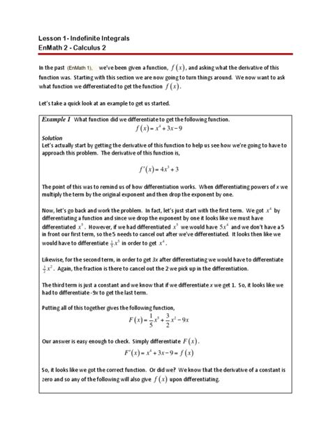 Lesson 1 Indefinite Integrals Pdf