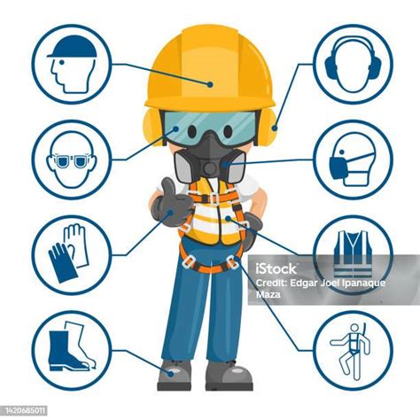 คนงานอุตสาหกรรมก่อสร้างพร้อมอุปกรณ์ป้องกันส่วนบุคคลและไอคอนรูปสัญลักษณ์ความปลอดภัย ควา ภาพประกอบ