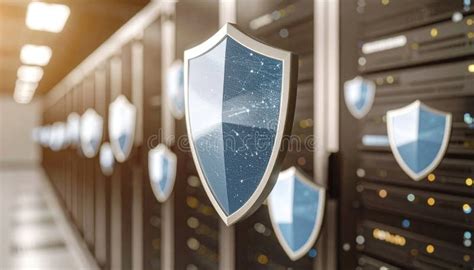 Modern Data Center With Secure Cloud Protection Icons Illustrating Cyber Security And Network