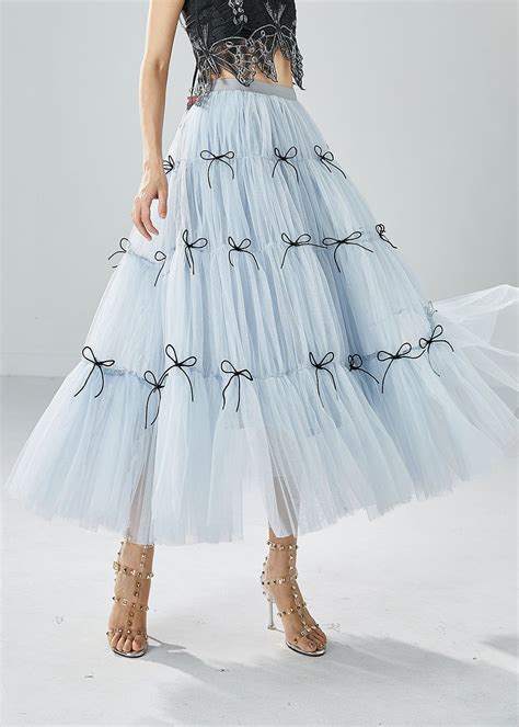 Women Sky Blue High Waist Patchwork Bow Tulle Skirt Summer Sfit For