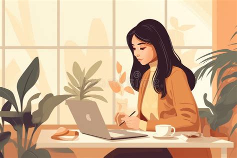 Vector Illustration Of A Young Woman Working On A Laptop In A Cafe Asian Woman Working Laptop