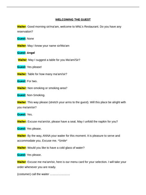 script welcoming the guest and room service pdf