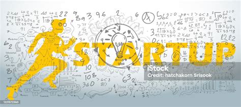 실업가 실행 결승선으로 실행 비즈니스 계획 데이터 텍스트 다양한 새로운 아이디어 개념과 비즈니스 스타트 업 단어 문자 타이포그래피의 창조적 인 그림 종점에 대한 스톡 벡터