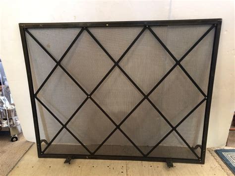 Large Mid Century Brass And Iron Mesh Fireplace Screen In Manner Of