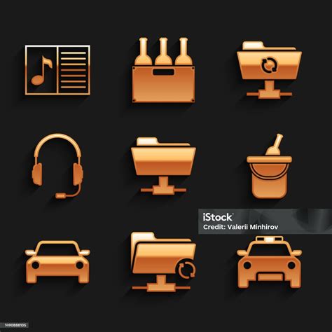 Ftp 폴더 설정 동기화 새로 고침 경찰차 및 점멸 장치 양동이에 와인 한 병 마이크 아이콘이 있는 자동차 및 헤드폰 벡터 검은색에 대한 스톡 벡터 아트 및 기타 이미지