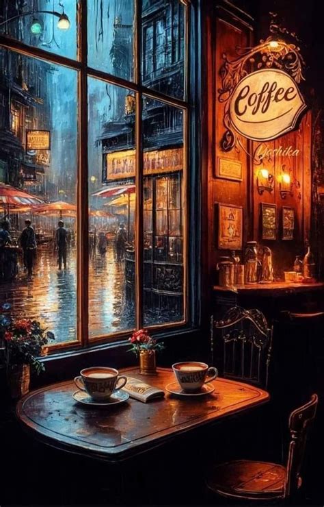 Coffee Cups On Table In Front Of Open Window At Night Cozy Rainy