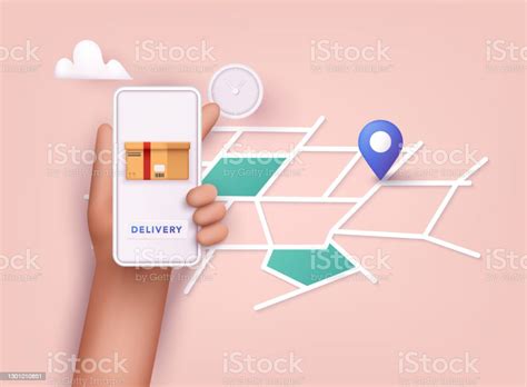 앱 전송 추적을 통해 휴대 전화를 들고 손 응용 프로그램에 벡터 현대 평면 창조적 인 정보 그래픽 디자인 3d 벡터 일러스트레이션 지도에 대한 스톡 벡터 아트 및 기타