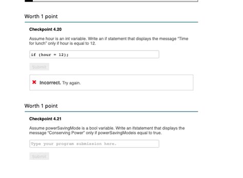 Solved Worth 1 Point Checkpoint 4 20 Assume Hour Is An Int Chegg