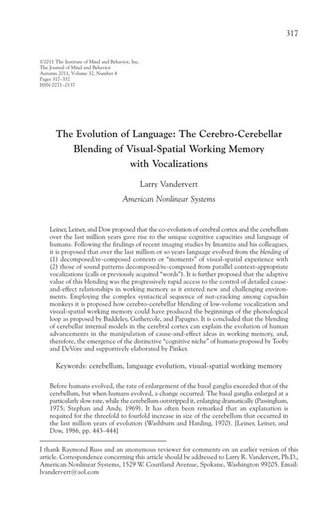 Pdf Vandervert L 2011 The Evolution Of Language The Cerebro Cerebellar Blending Of