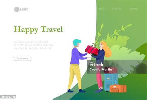 휴가 여행하는 사람들이 있는 방문 페이지 템플릿입니다 가족 친구 혼자 여행 지연과 관광객 여행을 이동합니다 행복한 여행에 시간 벡터 일러스트 만화 Html에 대한 스톡 벡터