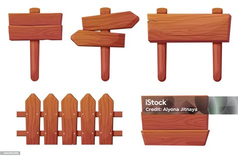 나무 정제 세트 질감 패널 로프 포인터가 있는 간판 흰색 배경에 격리된 만화 스타일의 못이 있는 울타리 소박한 보드 널빤지 Ui