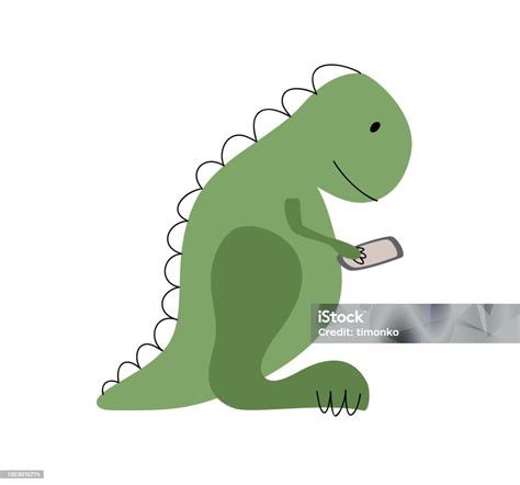 스마트 폰녹색 벡터 디노 귀여운 만화 손 그린 공룡 낙서 스칸디나비아 아이 일러스트 인사말 카드 티셔츠 아기 배너 또는 포스터용 공룡에 대한 스톡 벡터 아트 및 기타 이미지