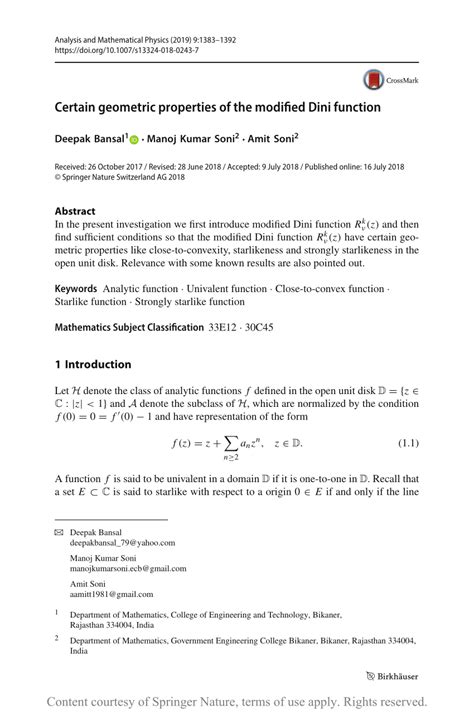 Certain Geometric Properties Of The Modified Dini Function Request Pdf