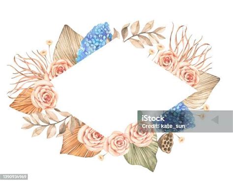 건조한 잎 꽃 및 가지가있는 수채화 꽃 프레임 마른 열대 지방 롬버스 카드 아이보리 장미 푸른 꽃 및 베이지 색 야자수 잎 청첩장 포장 인사말 카드에 적합합니다 0명에 대한