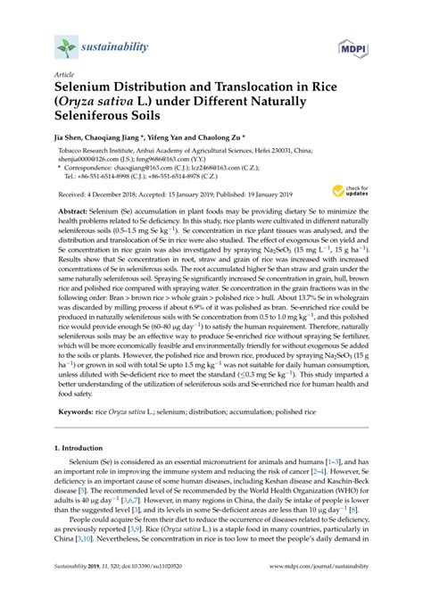 Pdf Selenium Distribution And Translocation In Rice Oryza Sativa L Under Different