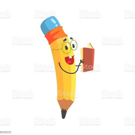귀여운 만화 노란색 연필 캐릭터는 책을 읽고 재미 있는 연필 벡터 일러스트 레이 션을 인간 답게 교육에 대한 스톡 벡터 아트 및 기타 이미지 Istock