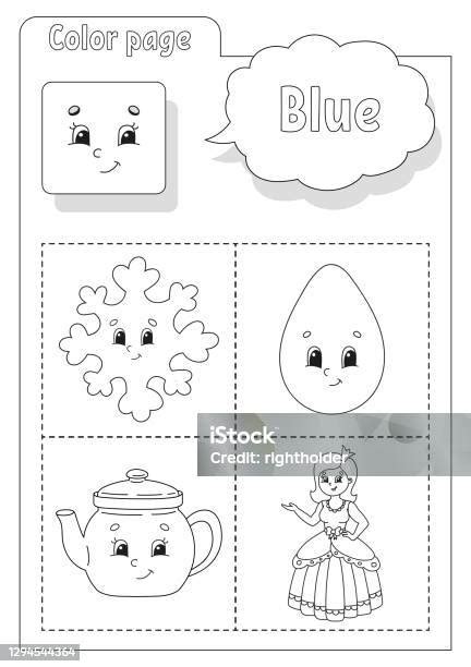 색칠 공부 색상을 학습합니다 아이들을위한 플래시 카드 만화 캐릭터 미취학 아동을위한 사진 세트 교육 워크 시트 벡터 그림입니다 0명에 대한 스톡 벡터 아트 및 기타 이미지
