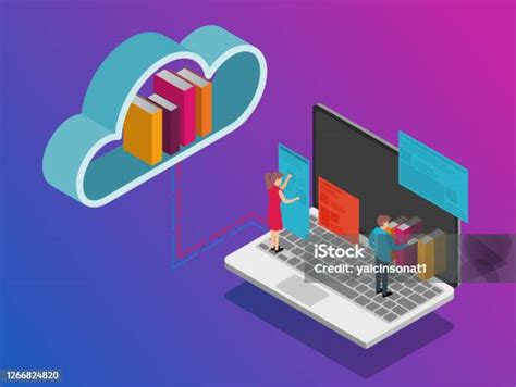 온라인 라이브러리 및 클라우드 컴퓨팅 시스템 이미지의 전자 책 온라인 교육의 현대 디자인 개념 3d 등분 측정 벡터 그림 3차원