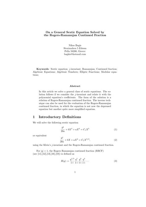 PDF On A General Sextic Equation Solved By The Rogers Ramanujan Continued Fraction