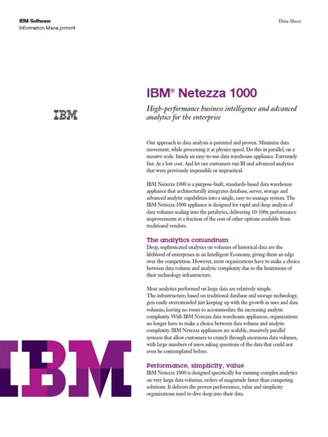 ibm netezza 1000 high performance business intelligence and advanced analytics for the