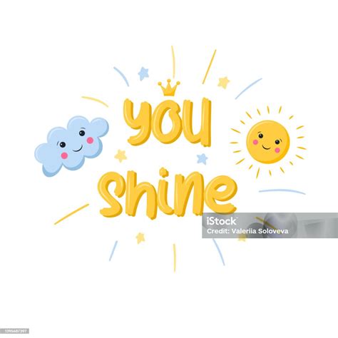 귀여운 미소 짓는 태양과 구름이있는 엽서 단어와 간단한 카와이 문자 당신은 빛납니다 옷을위한 여름 인쇄 흰색 배경에 플랫 만화 스타일의 벡터 일러스트레이션 0명에 대한 스톡