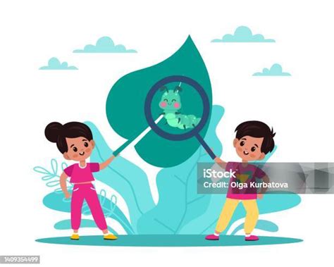 자연에 대한 실용적인 연구 학교 또는 유치원에서의 어린이 교육 생물학 및 자연사 수업 애벌레를 공부하는 소년 소녀 어린이 발달 벡터 만화 플랫 개념 개념에 대한 스톡 벡터