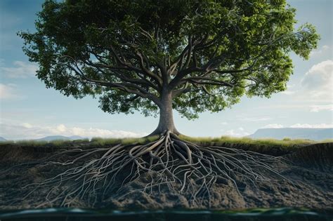 Premium Photo Large Tree With Exposed Roots In A Field