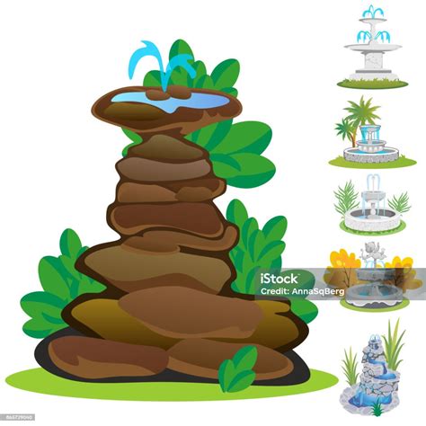 원 예 봄 야외 분수의 설정 하 고 정원 폭포가 뒤뜰 장식적인 석상 벡터 일러스트 레이 션 주위 식물을 여름 분수대에 대한 스톡 벡터 아트 및 기타 이미지 Istock