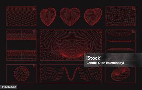 그리드 3d 기호 미래 포스터 와이어 프레임 90 년대 요소 네온 기하학적 메시 미래 지향적인 Y2k 라인 패턴 하트 및 웨이브 사이버펑크 모양 편집 가능한 획 경로 벡터