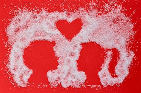 사랑에 부부의 실루엣과 빨간 배경에 흰색 설탕 발렌타인 데이 결혼식 사랑 진짜 느낌 전통적인 이성애 커플의 트렌디 한 미니멀 한 개념 공간을 복사합니다 2명에 대한 스톡